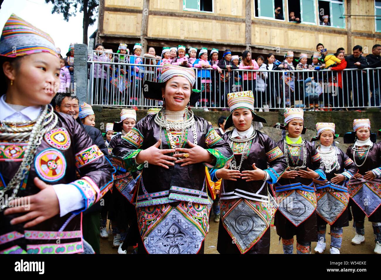 Chinese people of Miao ethnic minority dressed in traditional costumes ...