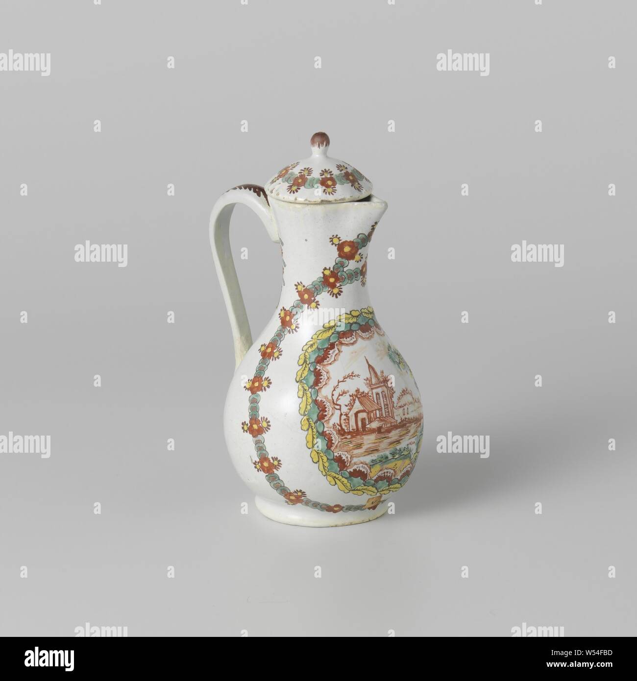Milk jug with lid of multicolored painted faience with scenery of a ...