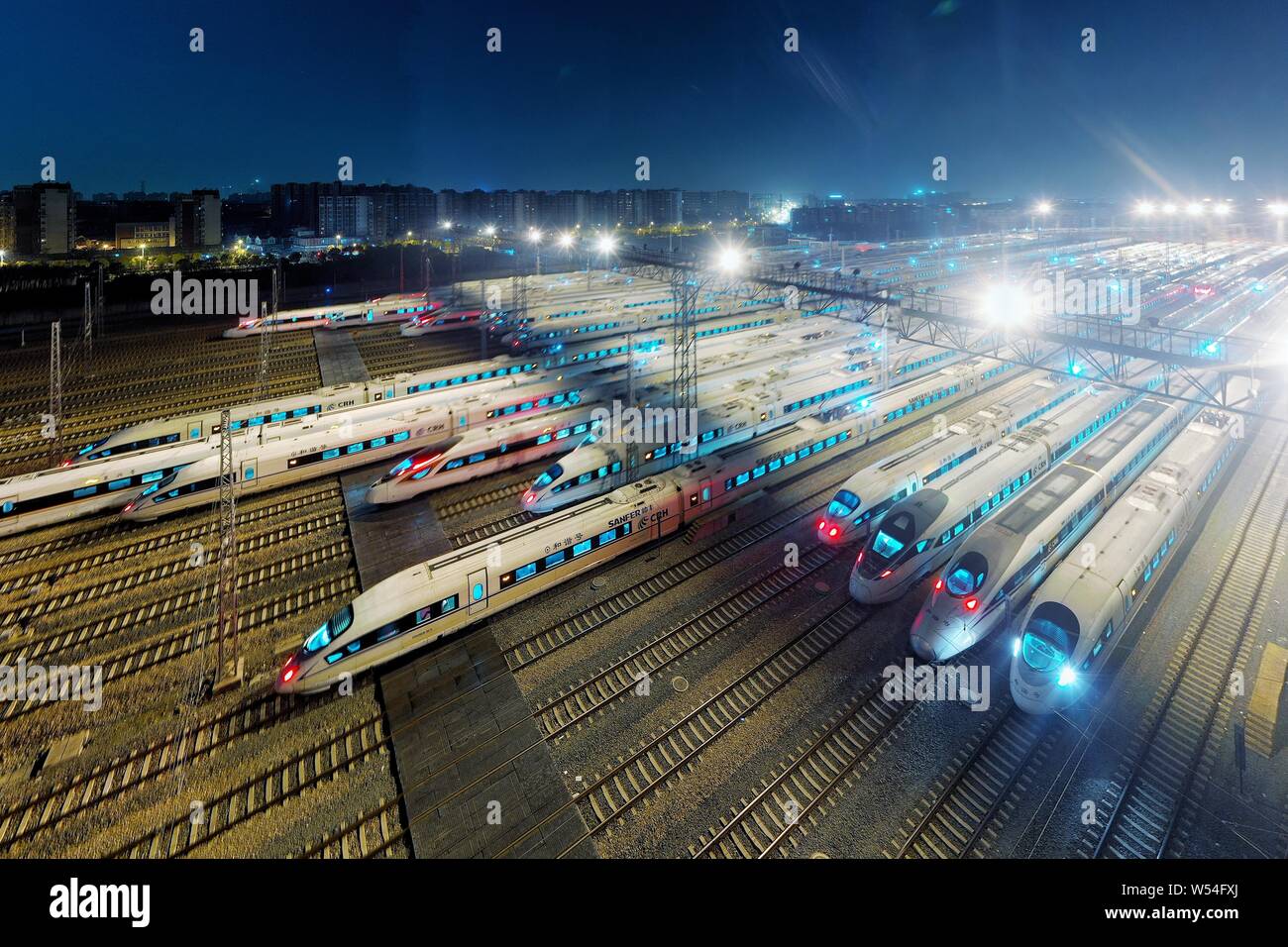 Aerial view of CRH (China Railway High-speed) bullet trains in full ...