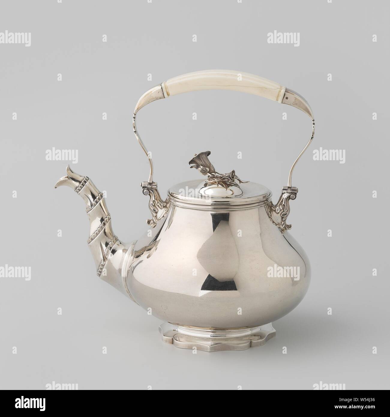 Teapot, round, with brace-shaped base, The round tea kettle rests on a ...
