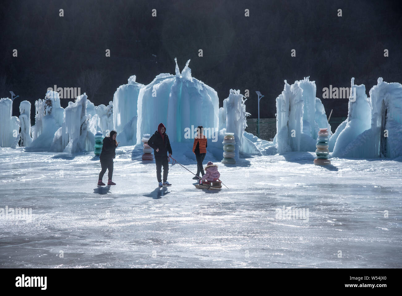 View of artificial frozen "waterfalls" in Mentougou District, Beijing ...
