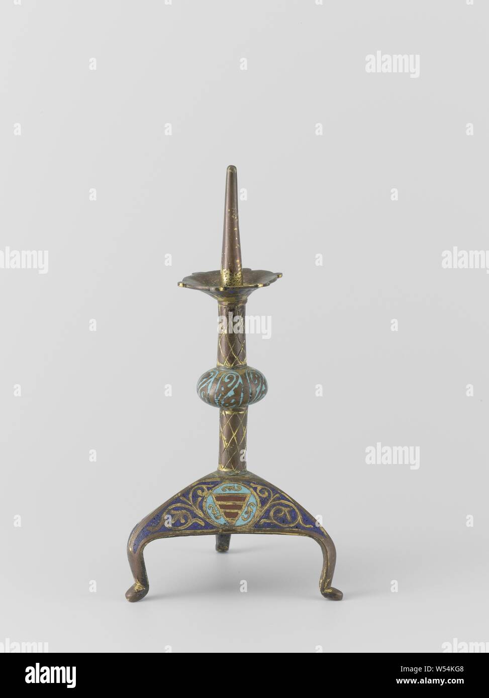Candlestick with three weapons, Candlestick of gilt copper and enamel ...