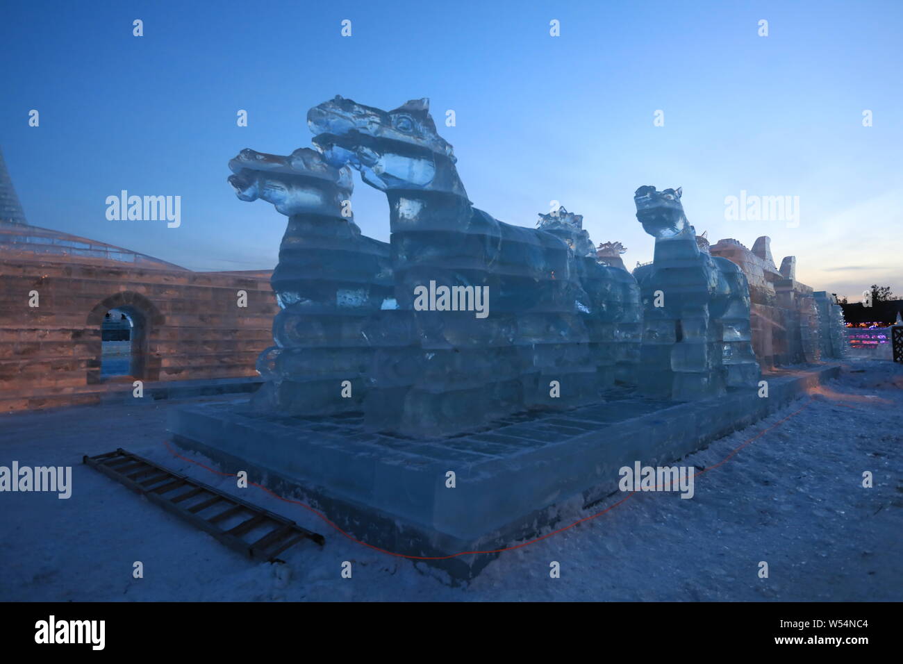 Ice sculptures to create a fairyland-like world are displayed at a ...