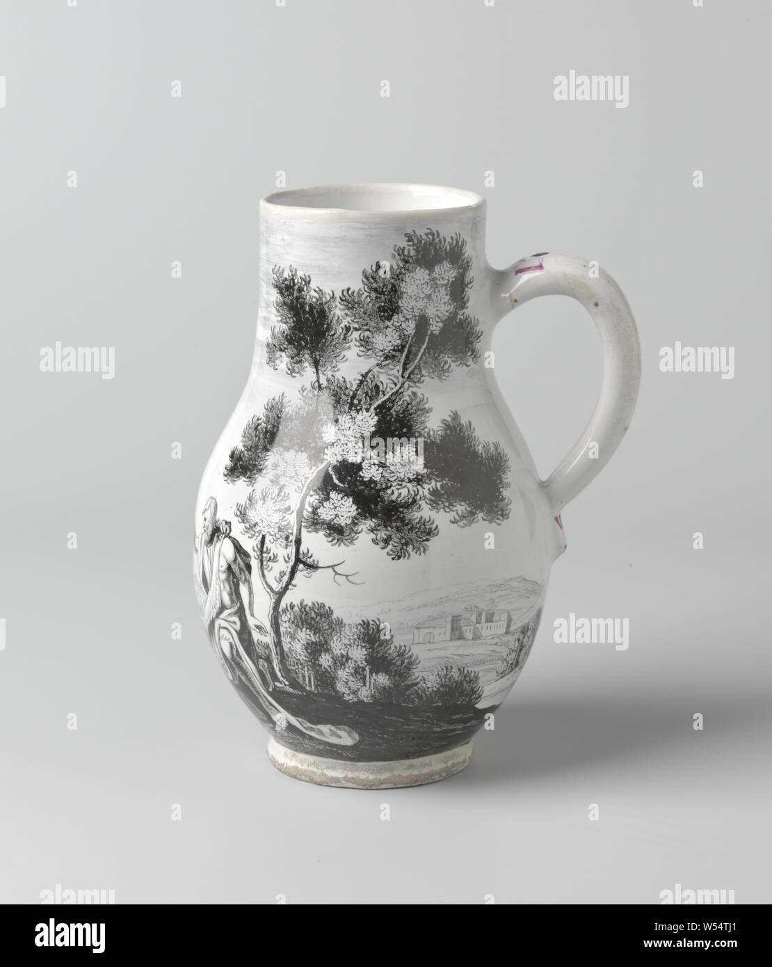 Jug, painted with the baptism of Christ, Jug with ear painted in black ...