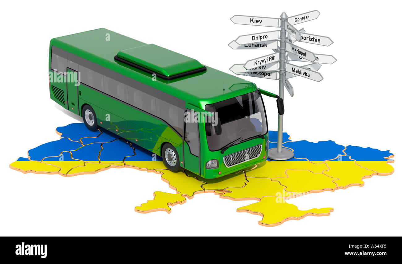 Ukraine Bus Tours concept. 3D rendering isolated on white background ...