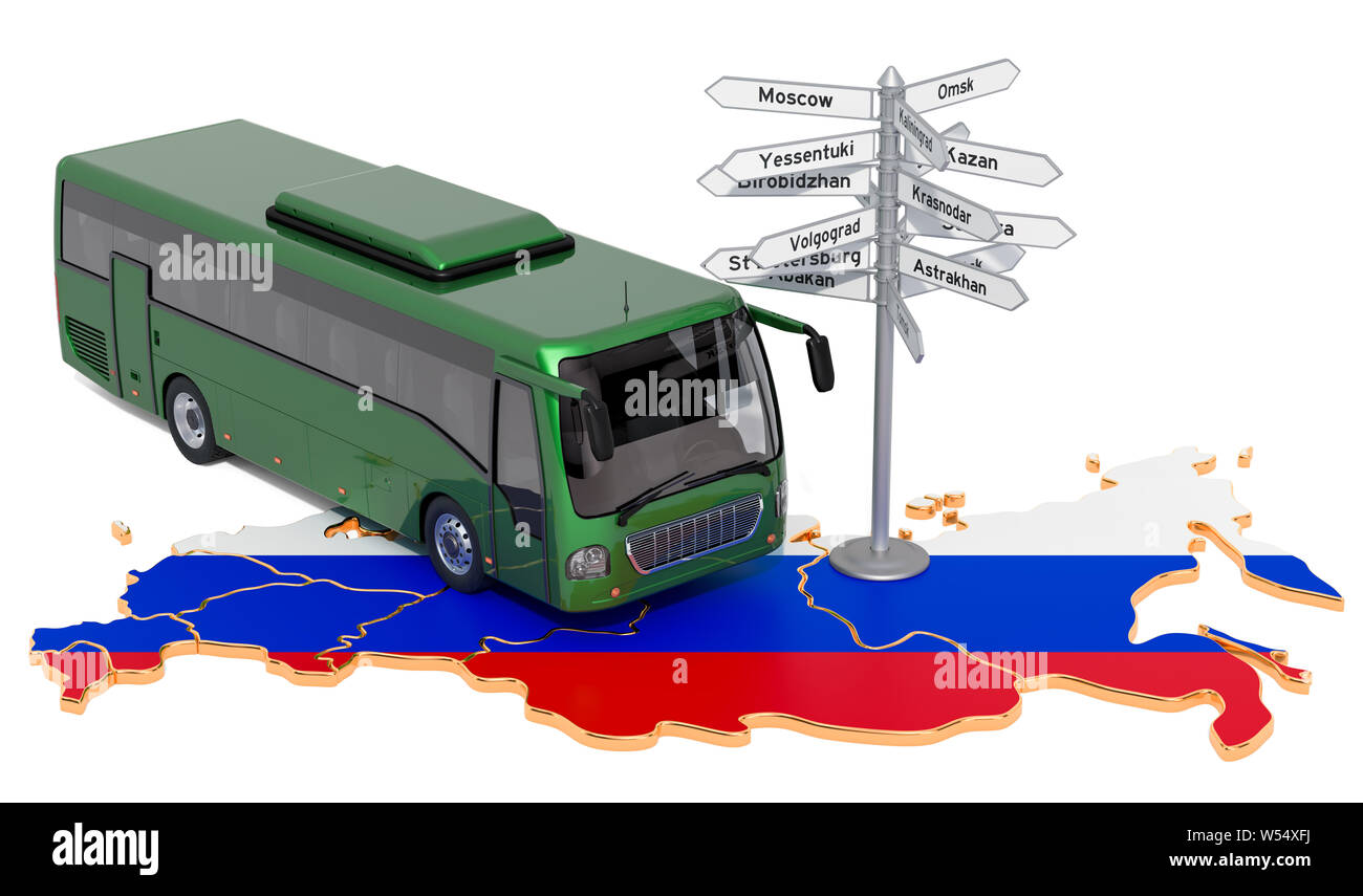 Russian Federation Bus Tours concept. 3D rendering isolated on white ...