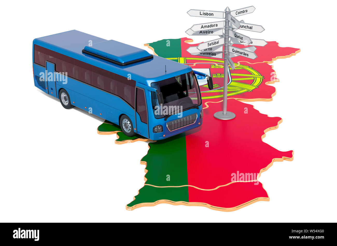 Portugal Bus Tours concept. 3D rendering isolated on white background ...