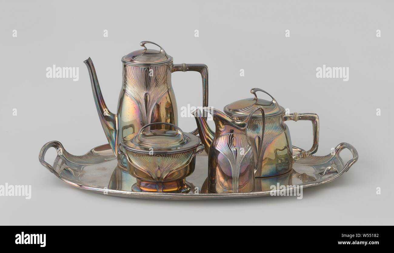 Tea set consisting of a hot water jug, teapot, sugar bowl, milk jug and ...