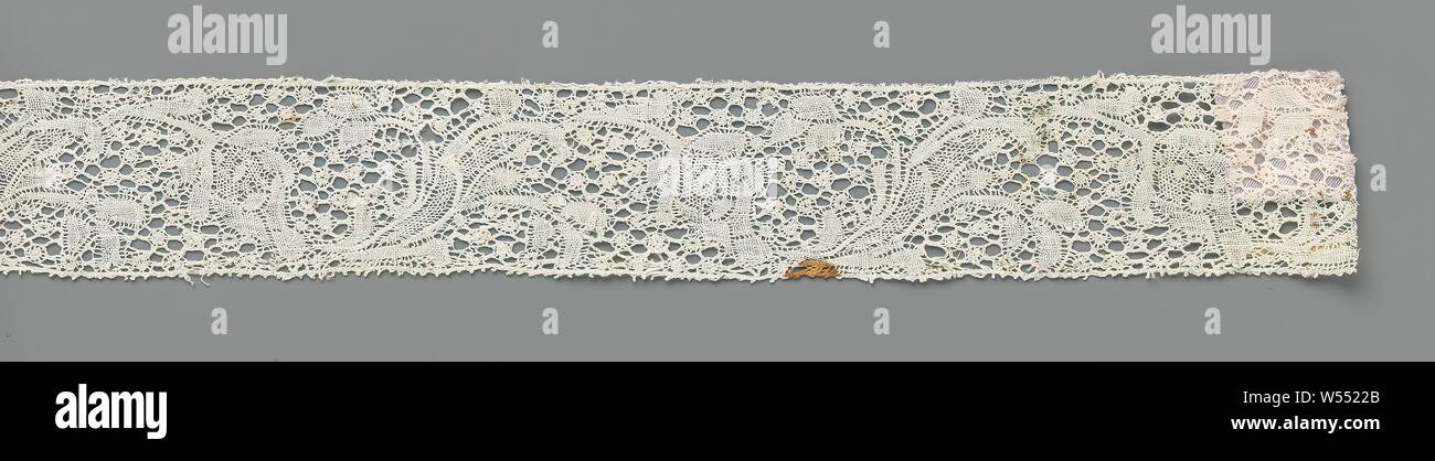 Strip of bobbin lace with curved stem with plume-shaped flower, Strip ...