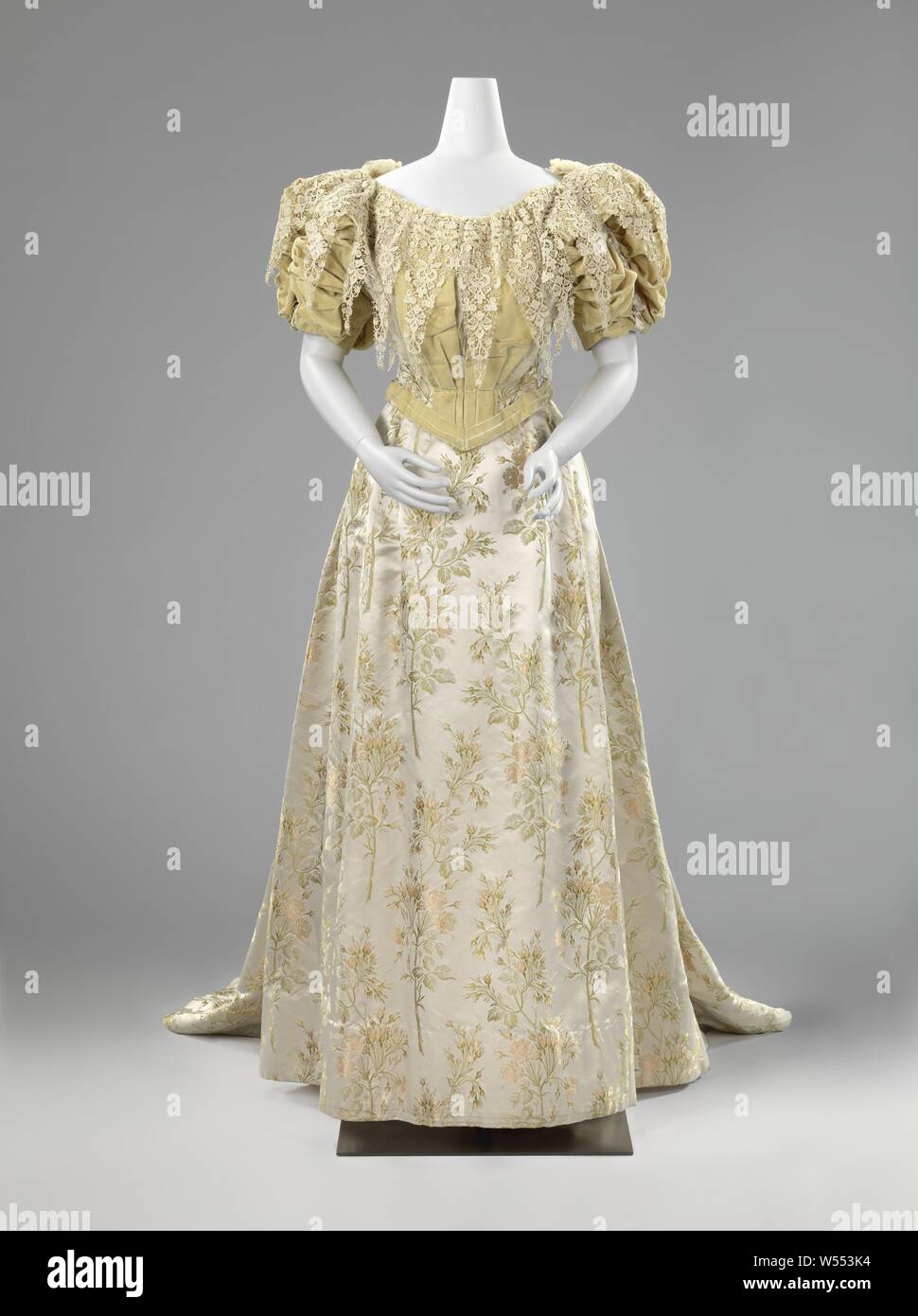 Body made from gray beige launched silk with pink roses, green gaze de ...