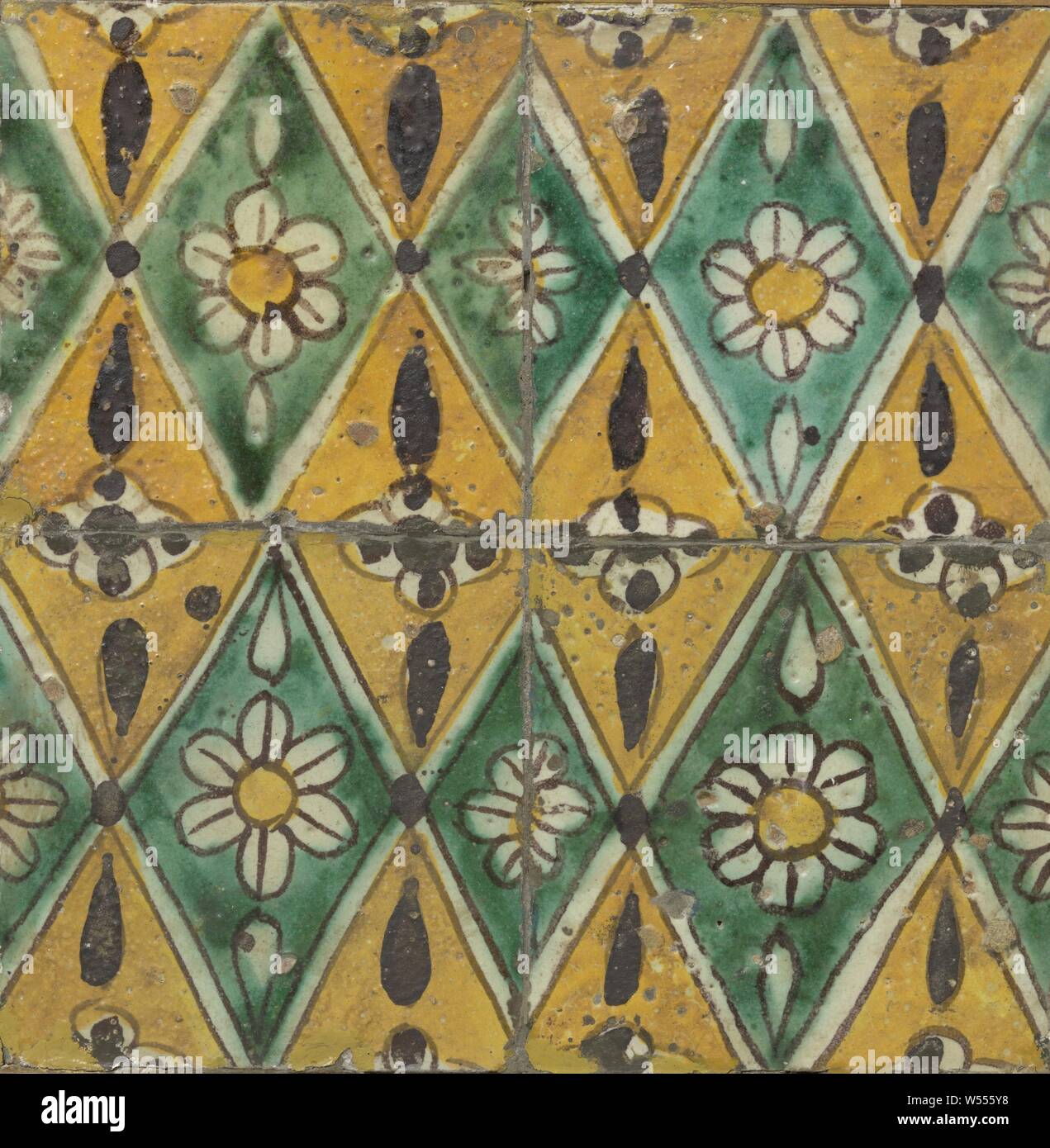 Tile, Four ceramic tiles, painted in blue, yellow, green and orange ...