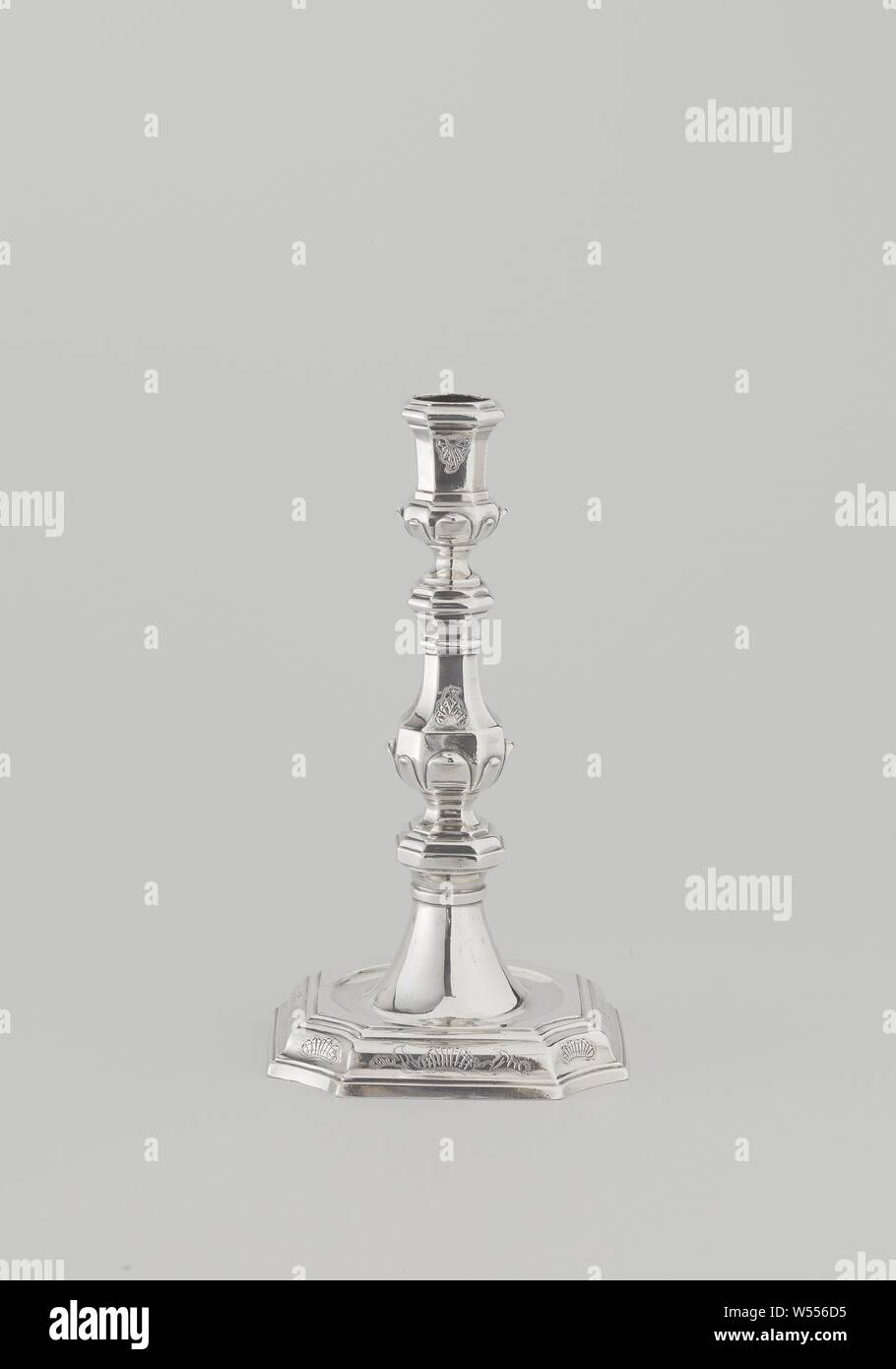 Candlestick of silver with octagonal base and octagonal baluster-shaped ...