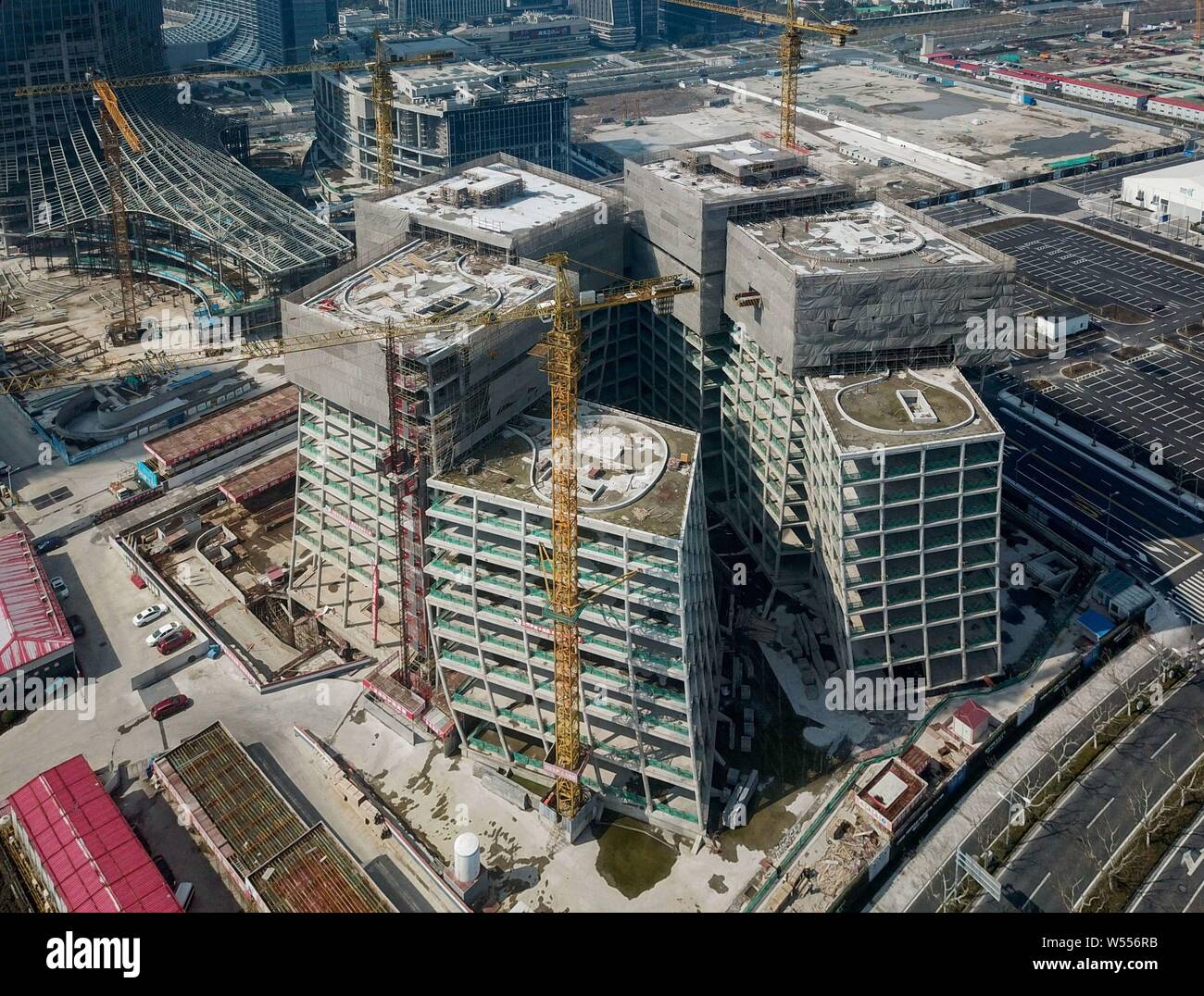 An aerial view of an architecture complex including seven tilt ...
