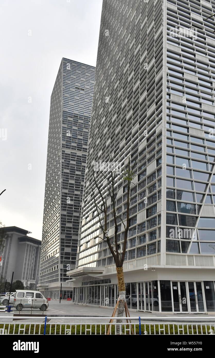 View of the two 101-meter-high tilted buildings leaning at an angle of ...