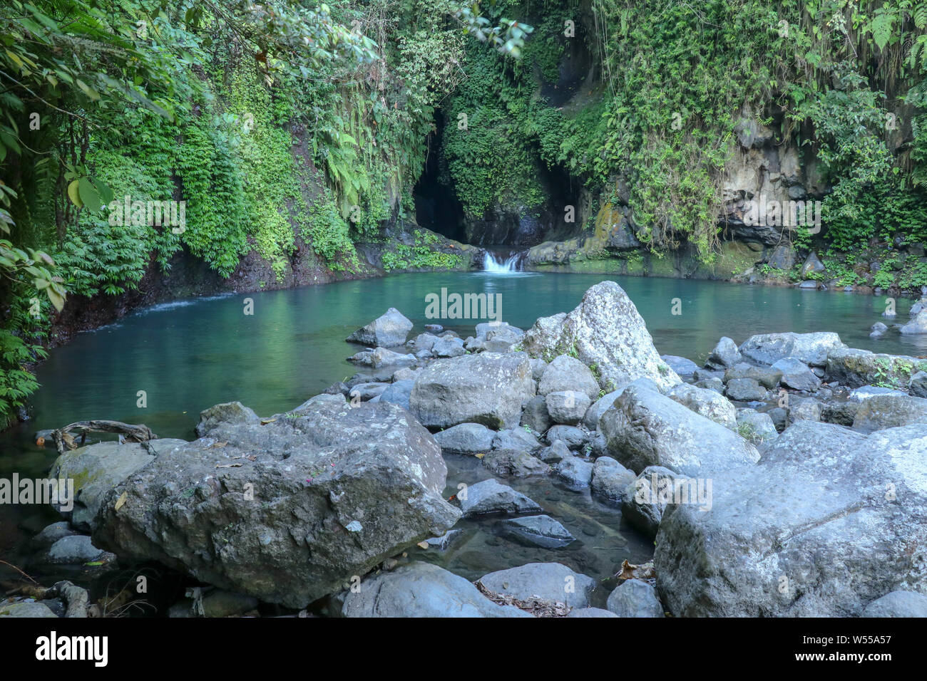 Blue lagoon under waterfall on Bali island. Natural lake with beautiful ...