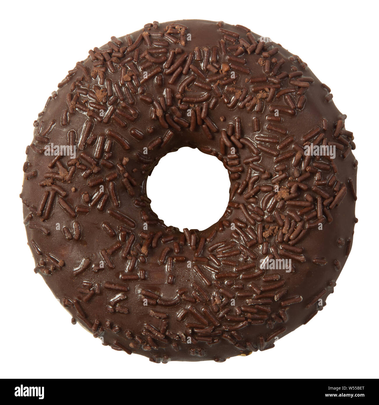 Chocolate donut with sprinkles isolated on white background. Top view ...