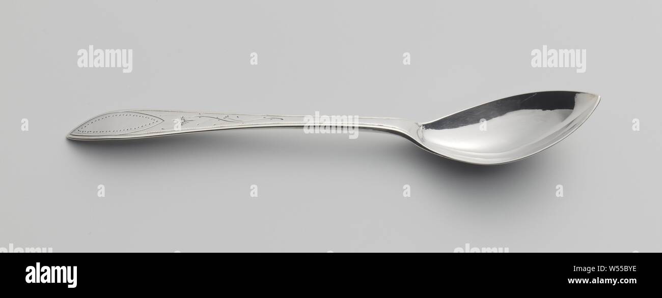 Spoon of silver, with pointed oval tray and pointed stem. The stem is ...