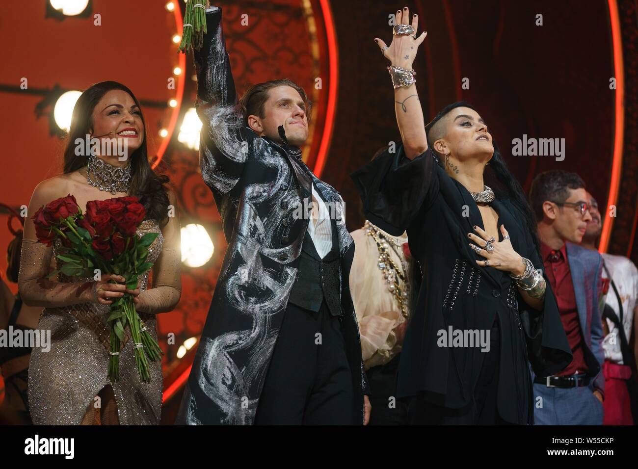 Karen Olivo, Aaron Tveit, Sonya Tayeh on stage for Moulin Rouge Curtain ...