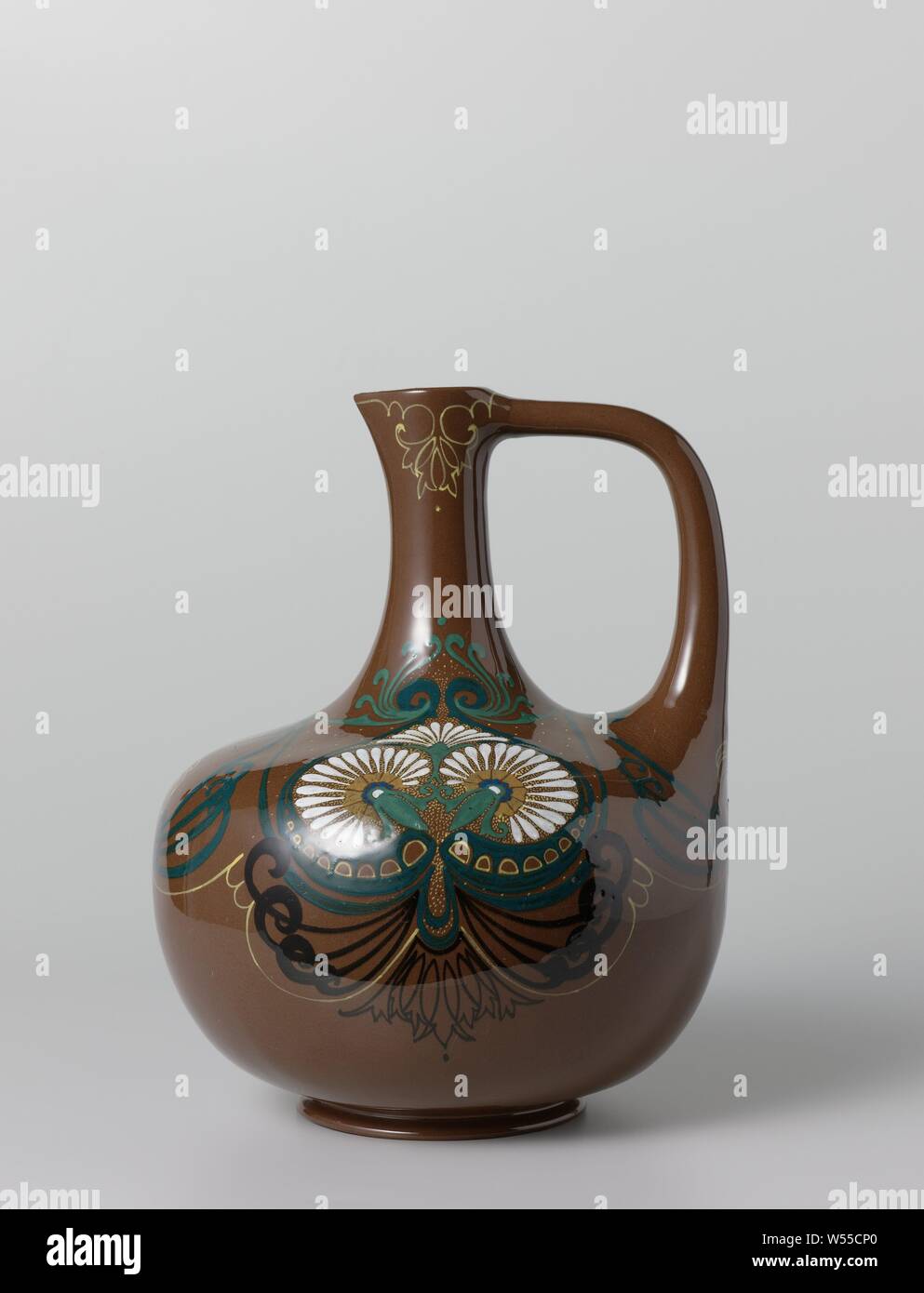 Jug with polychrome stylized flower pattern, Jug of brown earthenware ...