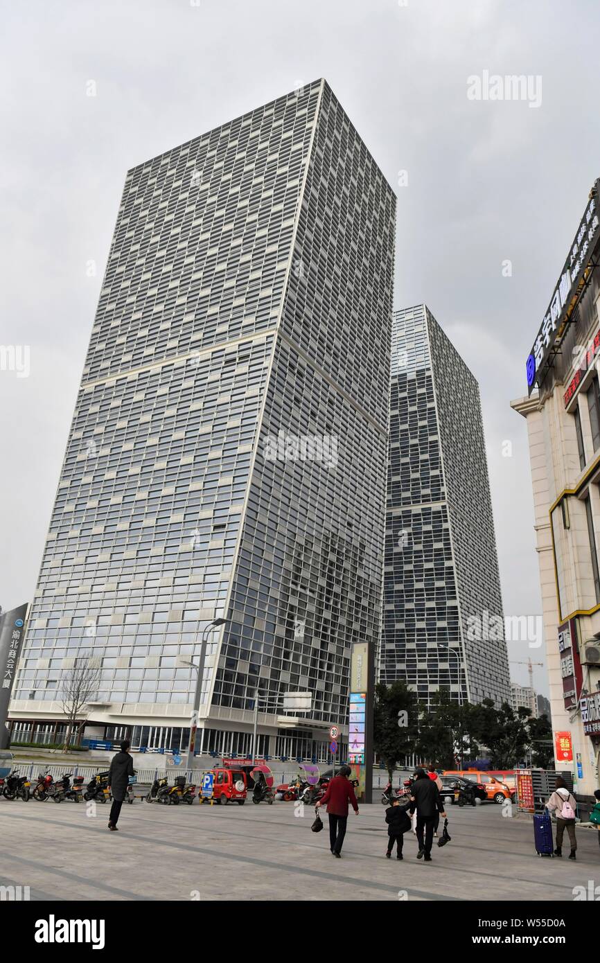 View of the two 101-meter-high tilted buildings leaning at an angle of ...
