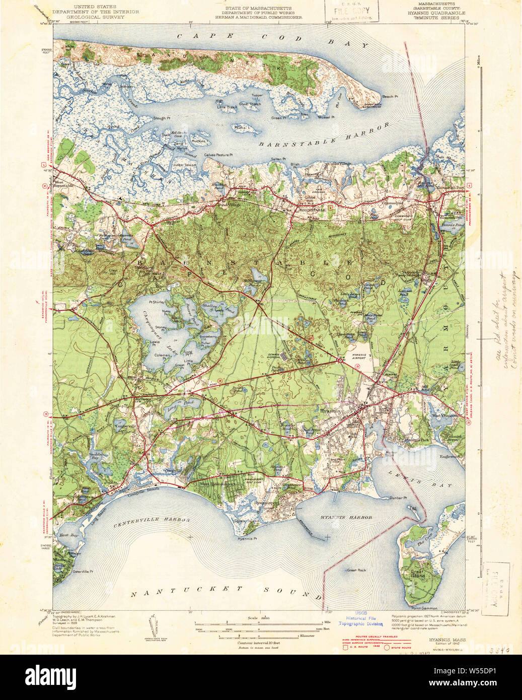 Massachusetts USGS Historical Topo Map MA Hyannis 351813 1942 31680 ...