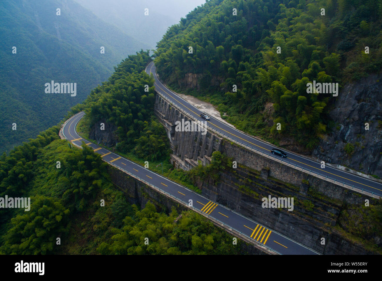 An aerial view of the zigzag cliff road, which is a scene in the ...