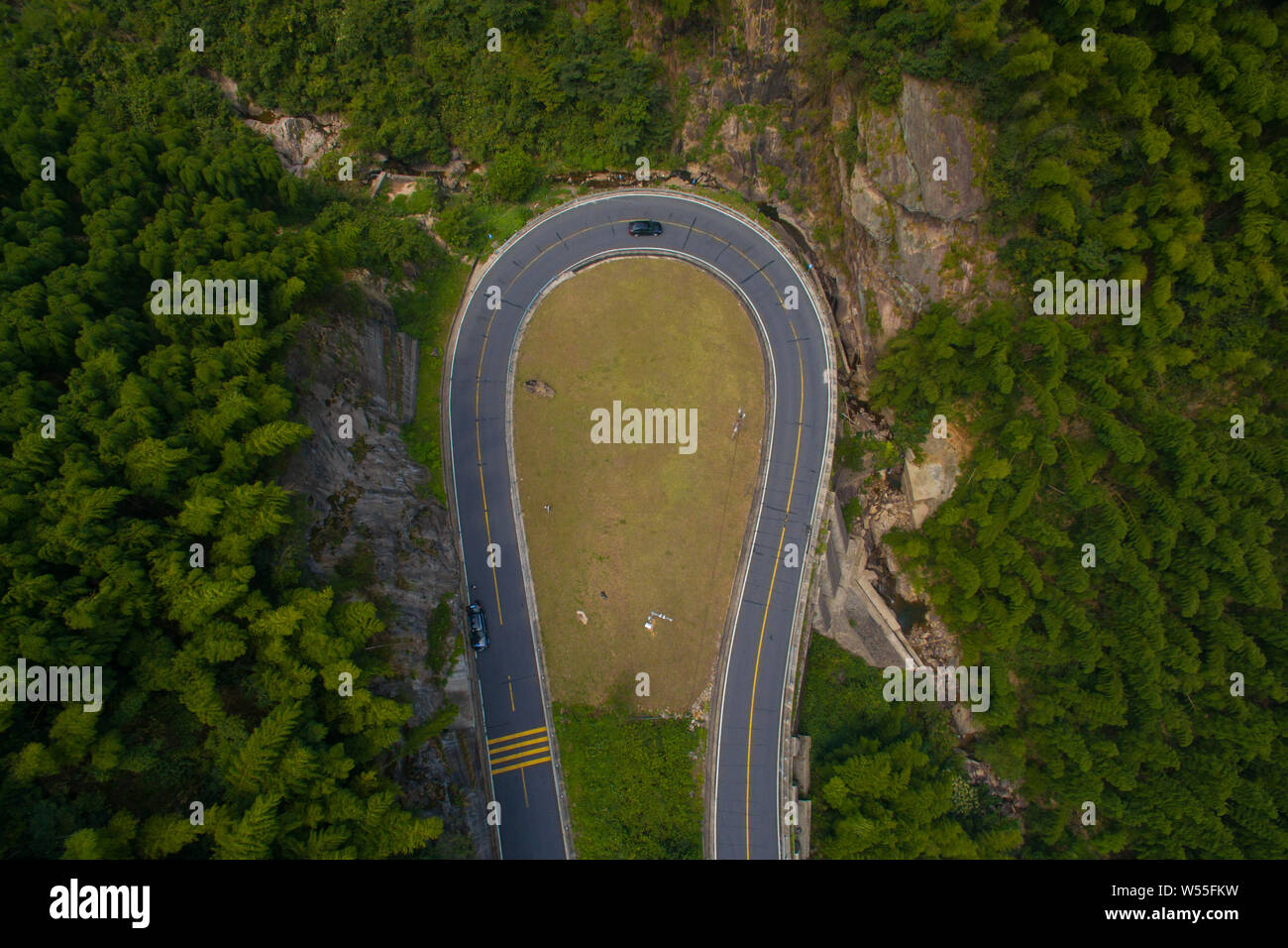 An aerial view of the zigzag cliff road, which is a scene in the ...