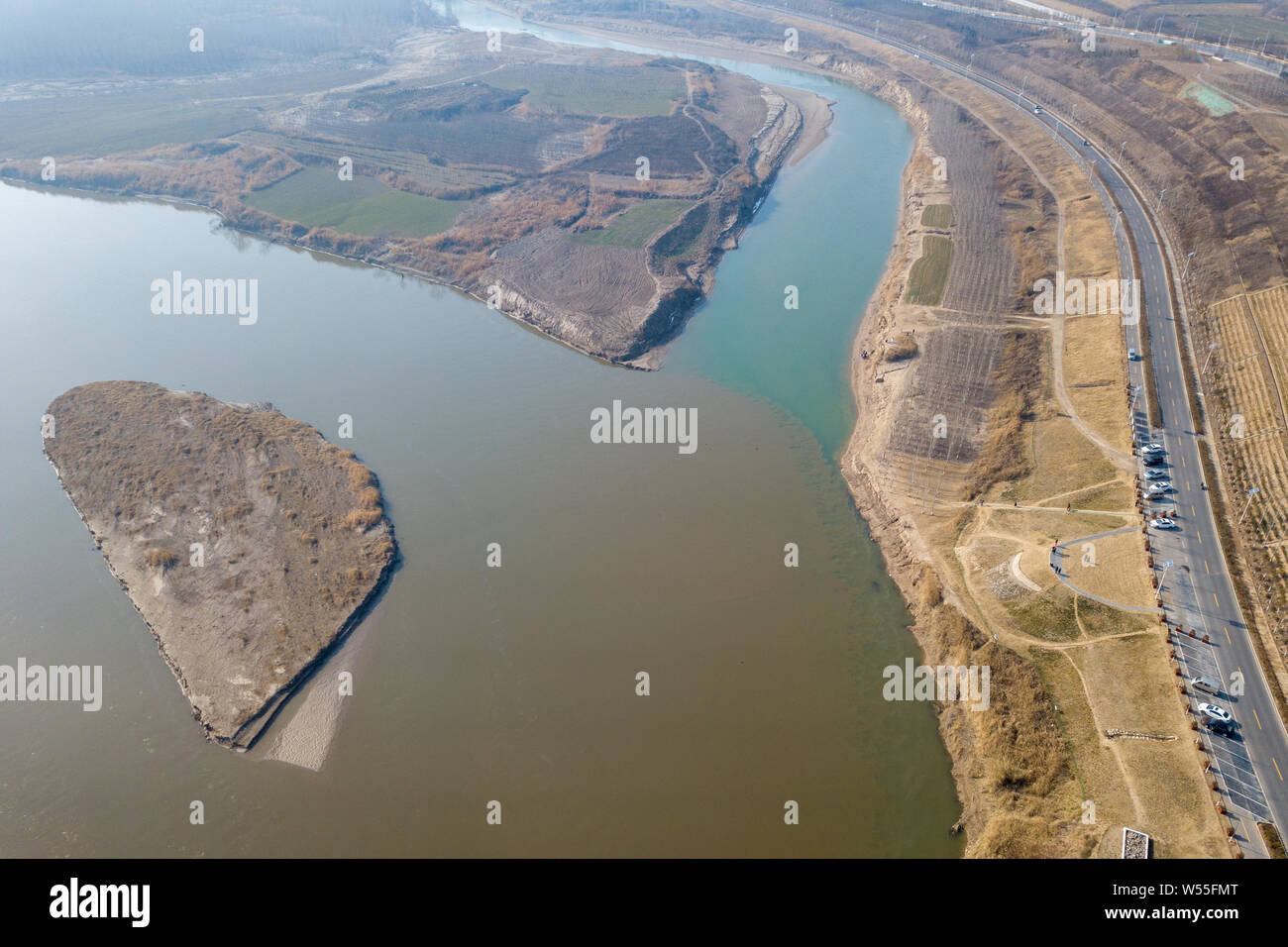 The clean Jing River meets the sandy Wei River in Xi'an city, northwest ...