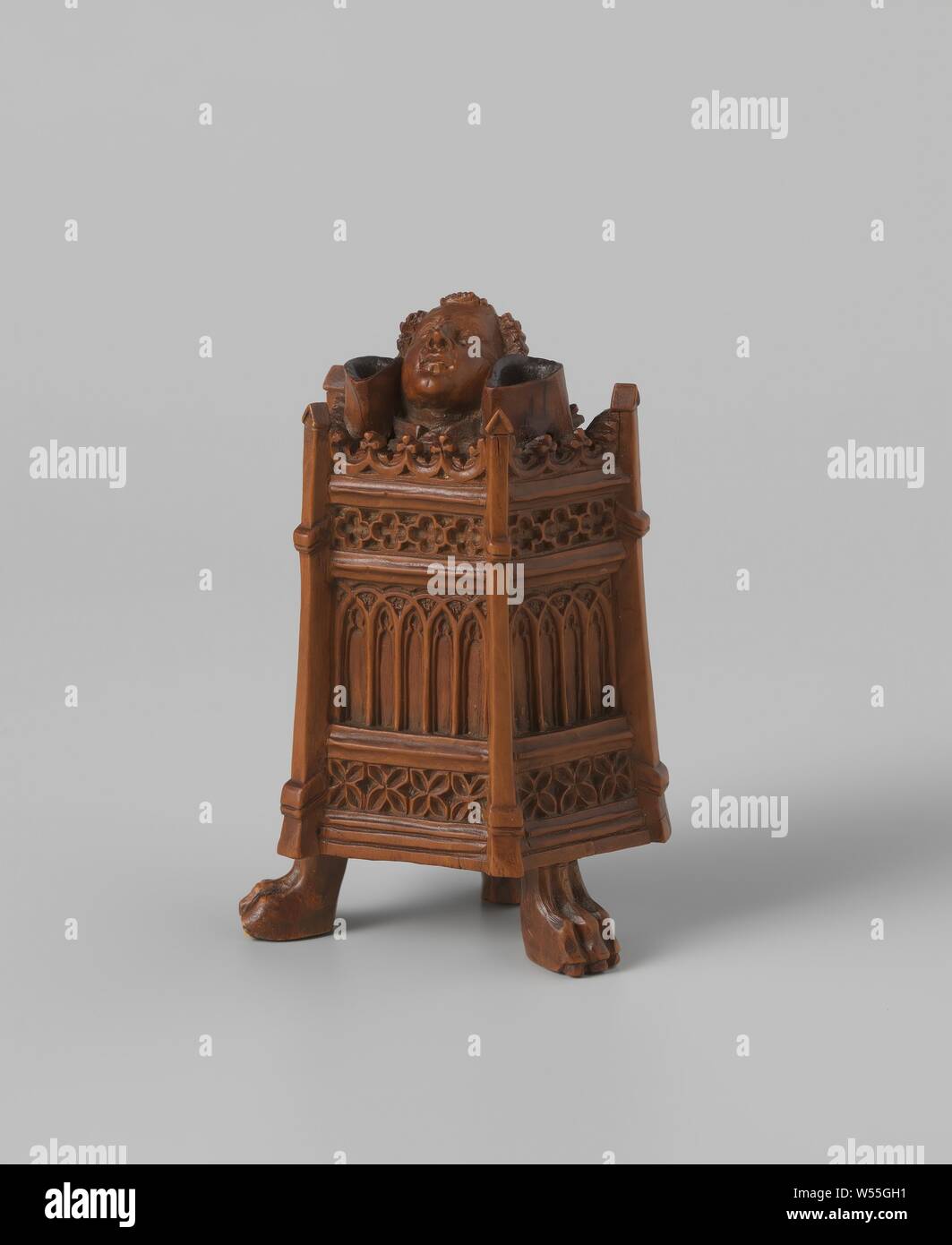 Inkpot with a Monk in a Pulpit, A five-sided inkpot, from a solid cube ...