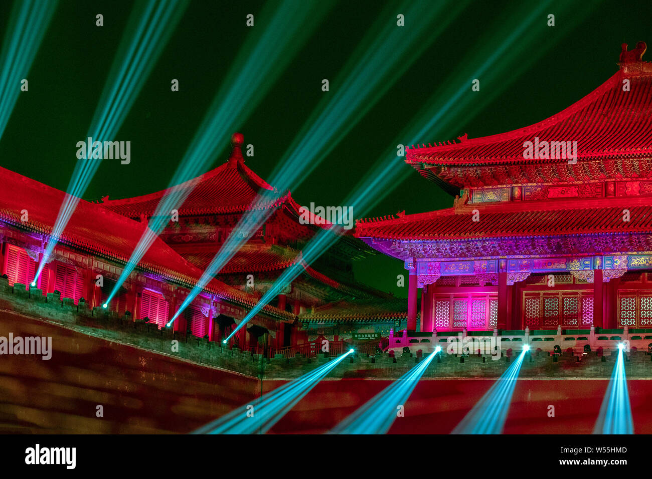 The Palace Museum, also known as the Forbidden City, is illuminated by colorful lights for a ...