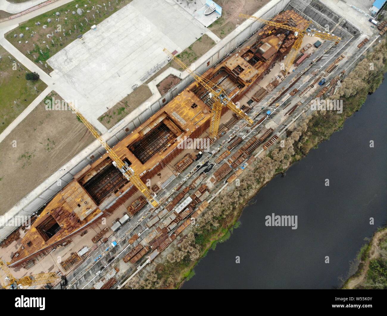 Aerial view of the construction site of a full-scale replica of the ...