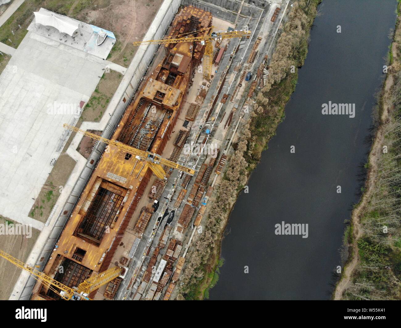 Aerial view of the construction site of a full-scale replica of the ...