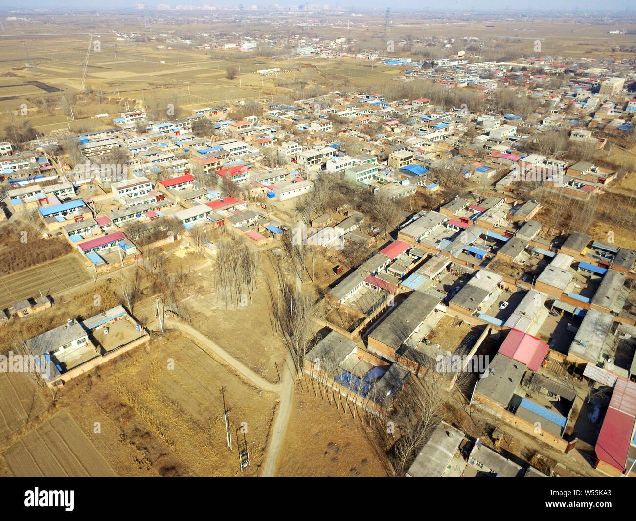 An aerial view of residential houses and buildings in Rongdong district ...