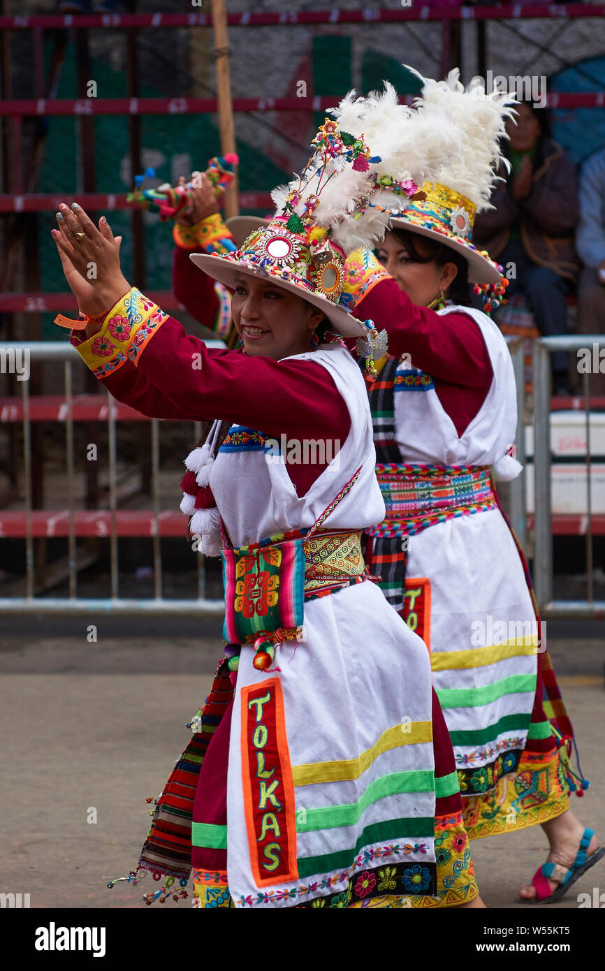 Tinkus dancers in colourful costumes performing at the annual Oruro ...