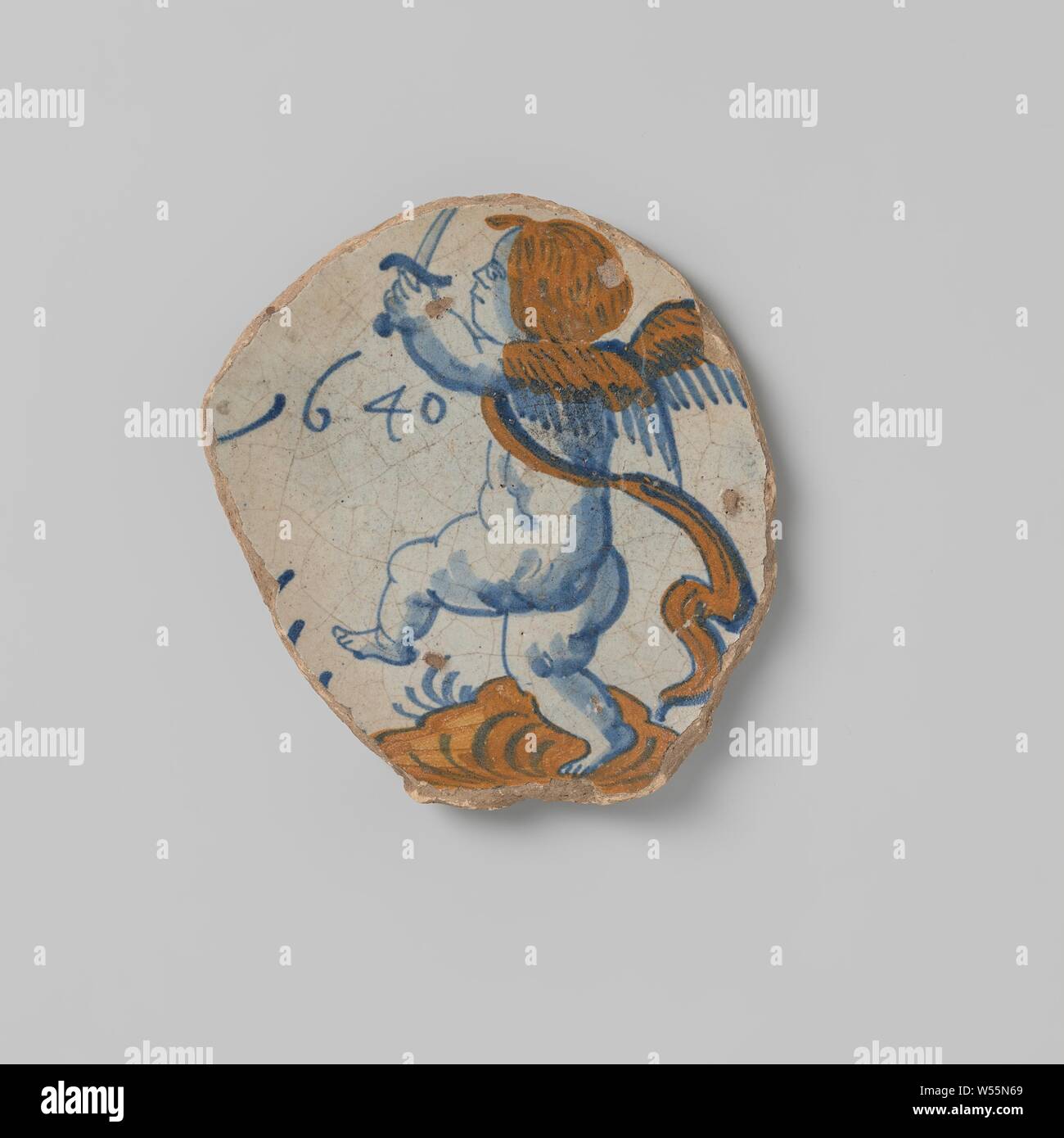 Pottery shrapnel with multicolored drawing of a putto with sword ...