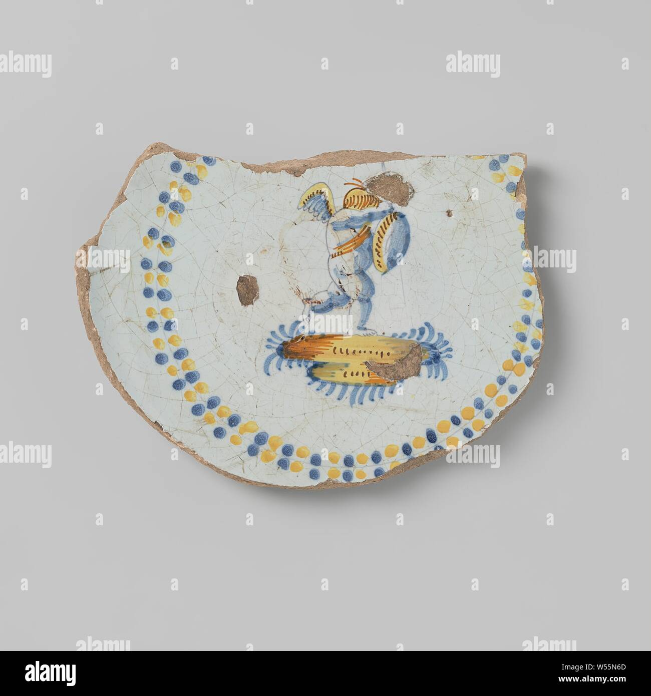 Pottery shrapnel with multi-colored drawing of a putto in decorative ...