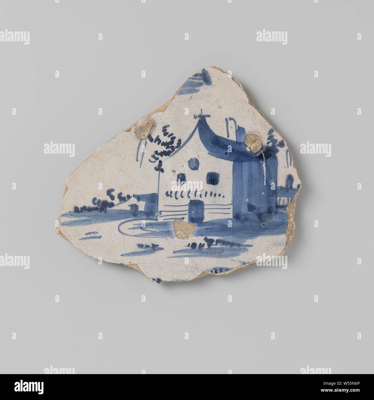 Pottery shrapnel with a drawing of a church, underglaze blue, anonymous ...
