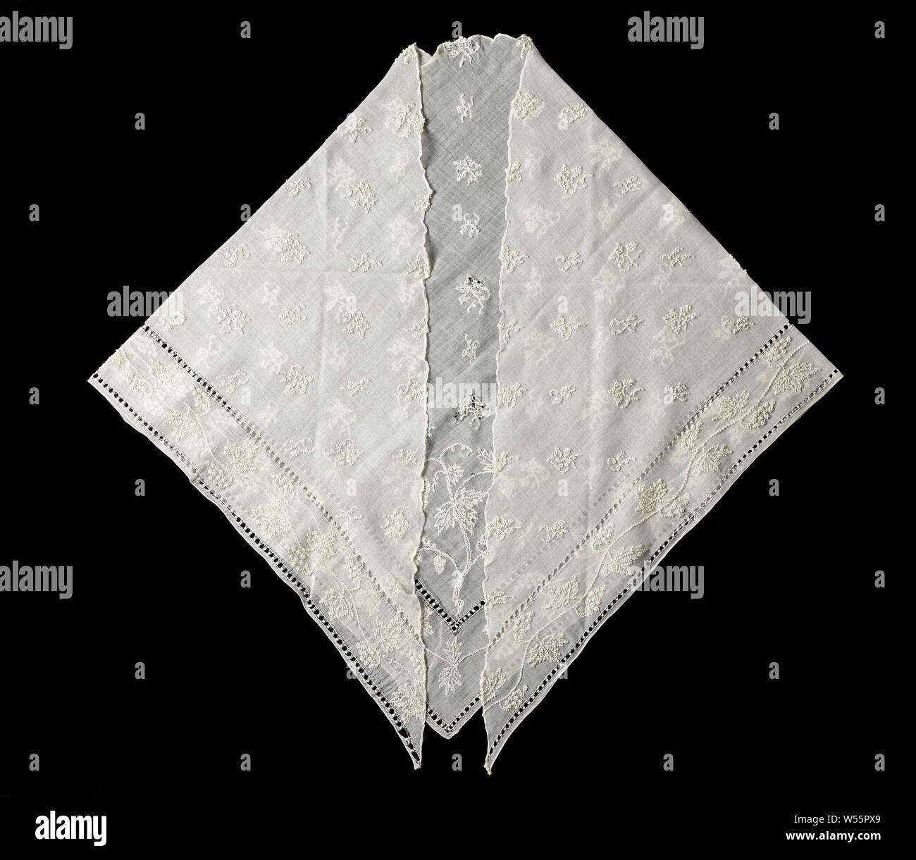 Fichu, triangular, of linen batist embroidered with a floral scatter ...