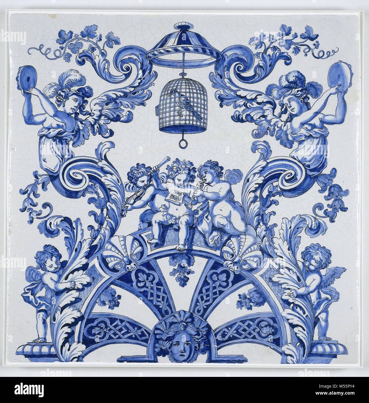 Three plaques from a column, Tile with representation in blue with ...