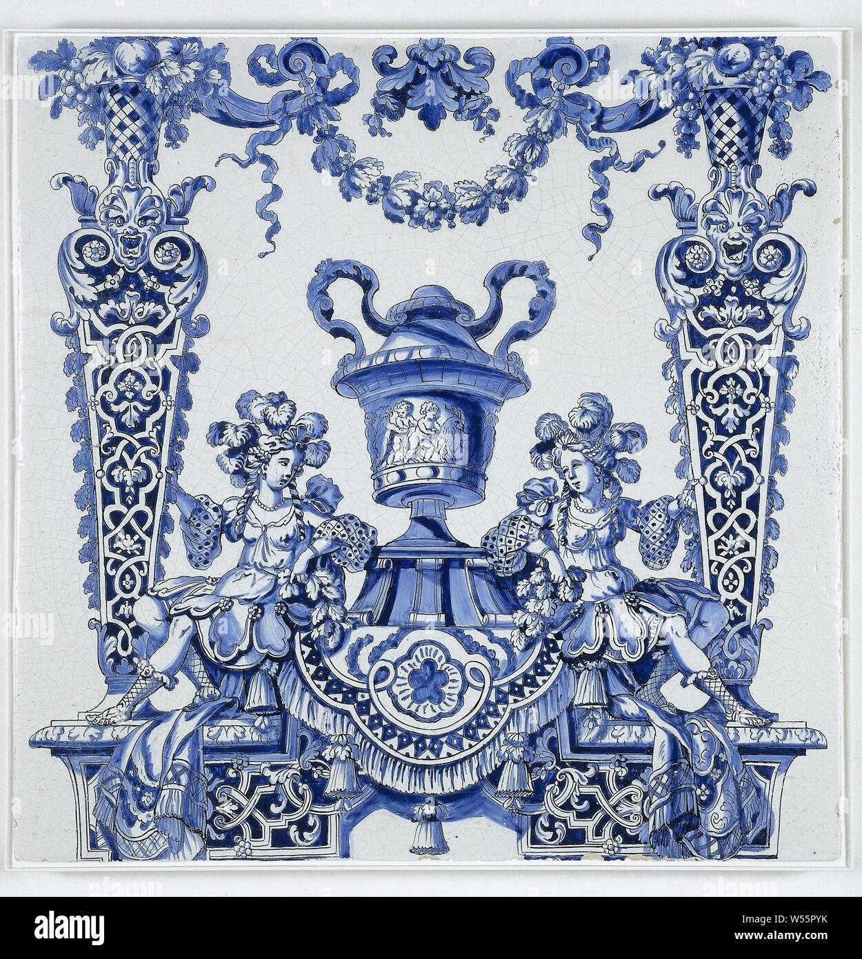 Three plaques from a column Tile with representation in blue of two ...