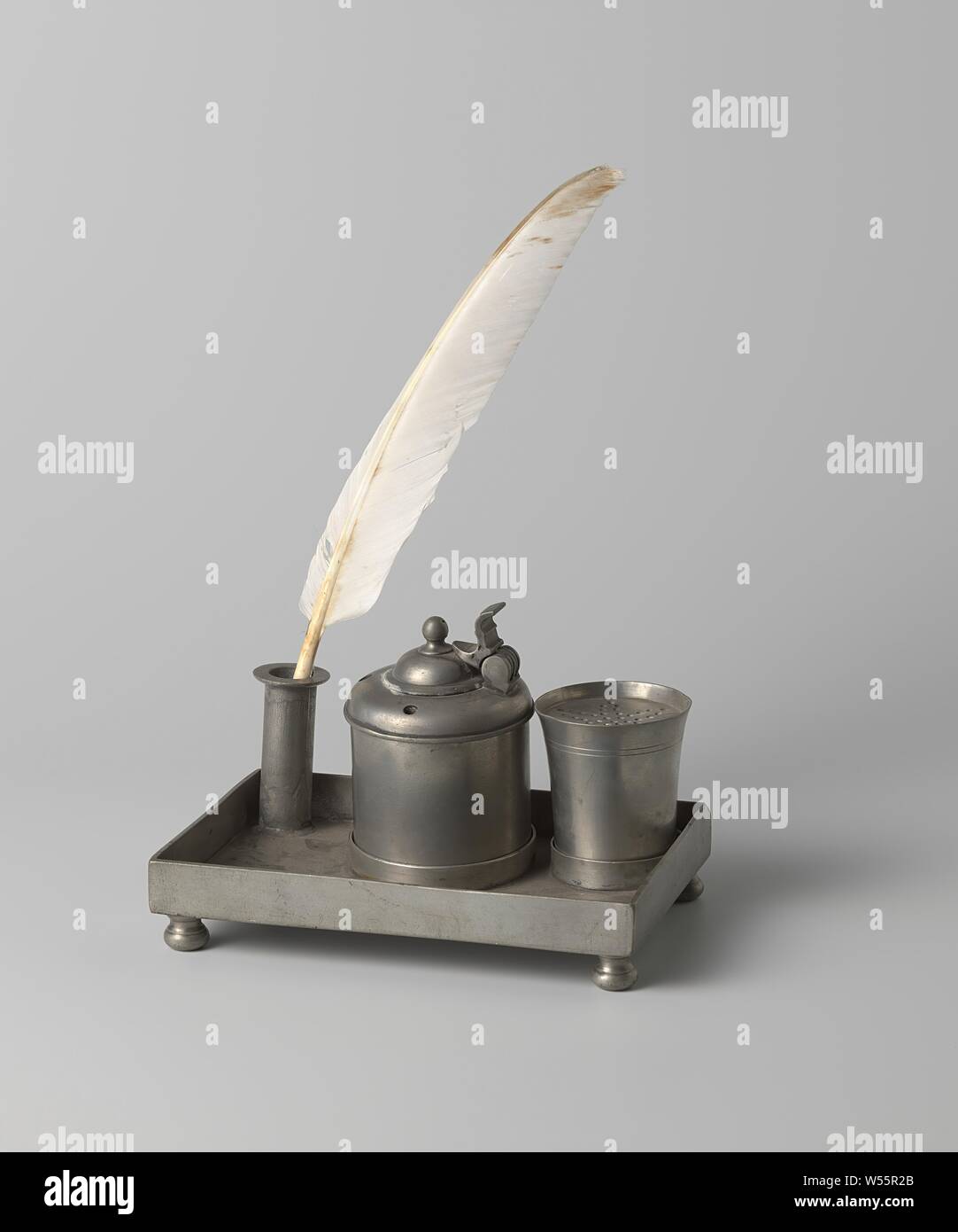 Ink set of tin with inkwell, sand pot and feather, Ink set of tin with ...