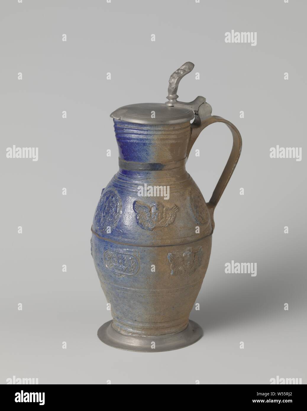 Jug with the coat of arms or Saxony and angel heads, Stoneware jug with ...