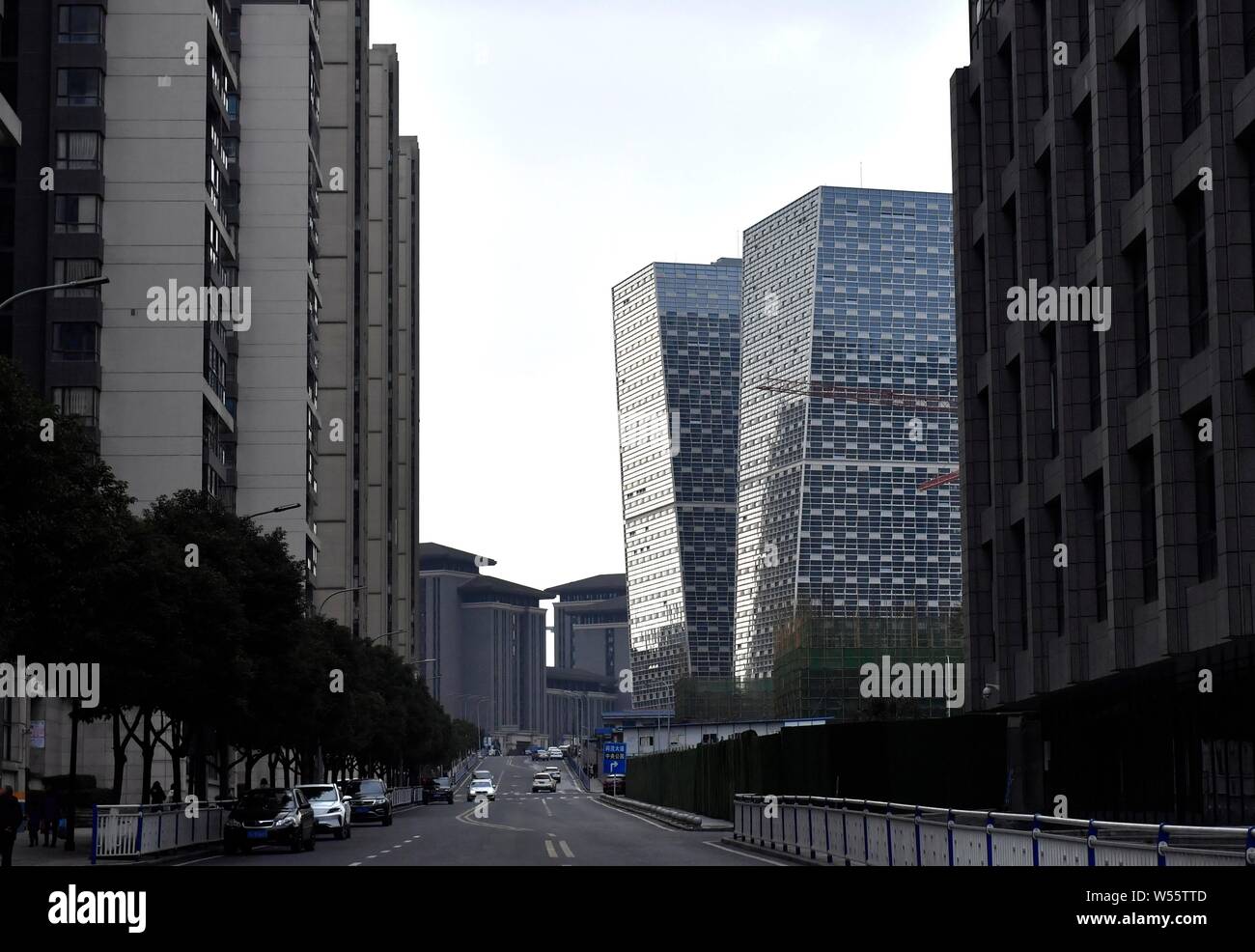 View of the two 101-meter-high tilted buildings leaning at an angle of ...