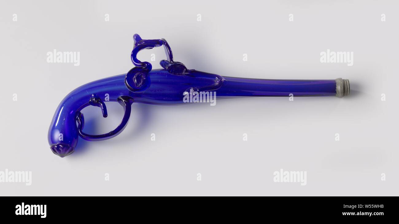 Glass shaped like a gun, Flask and blown out of a faintly ribbed blue ...