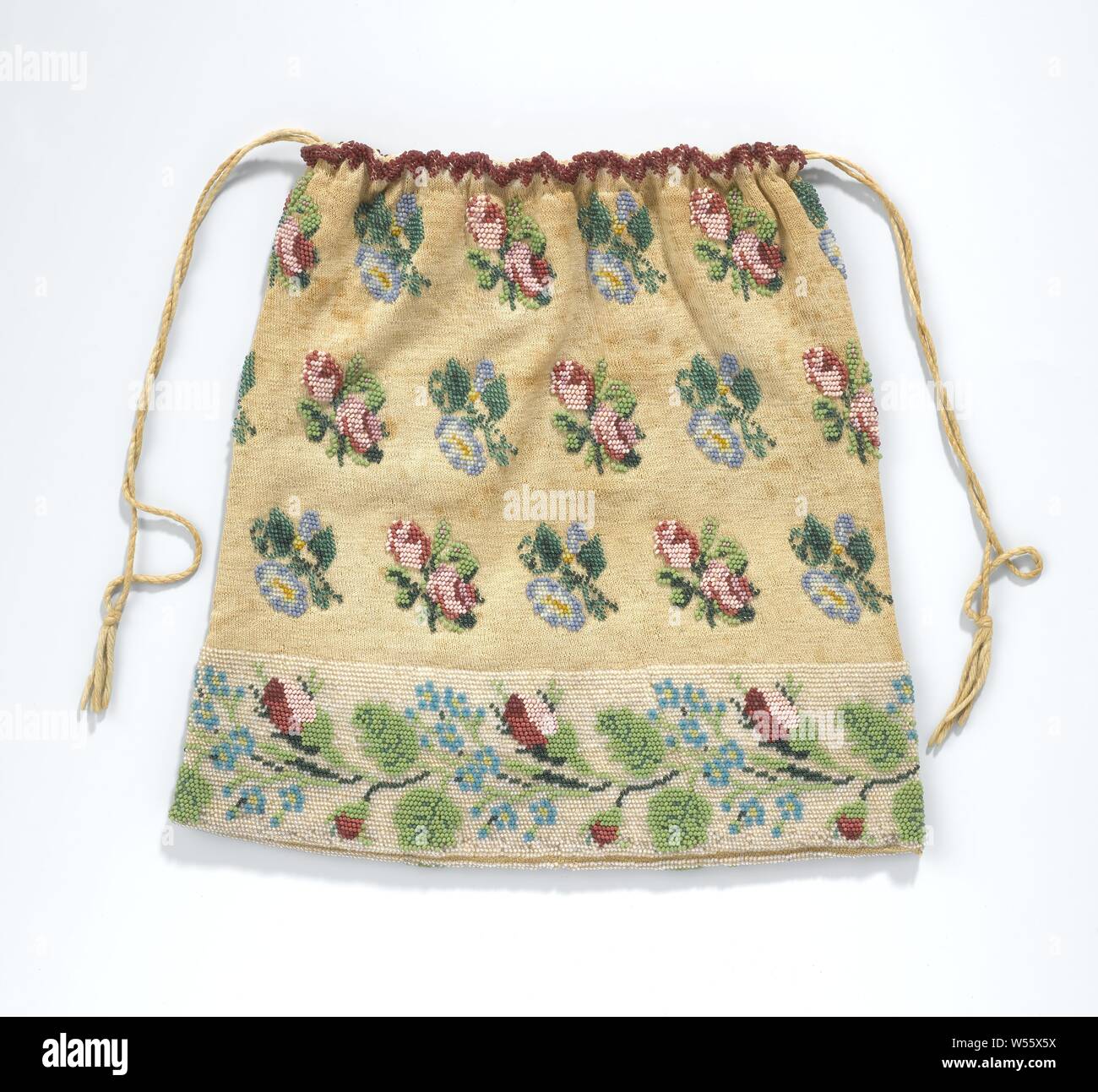 Reticule in a flat rectangular design of knitted ecru colored cotton ...