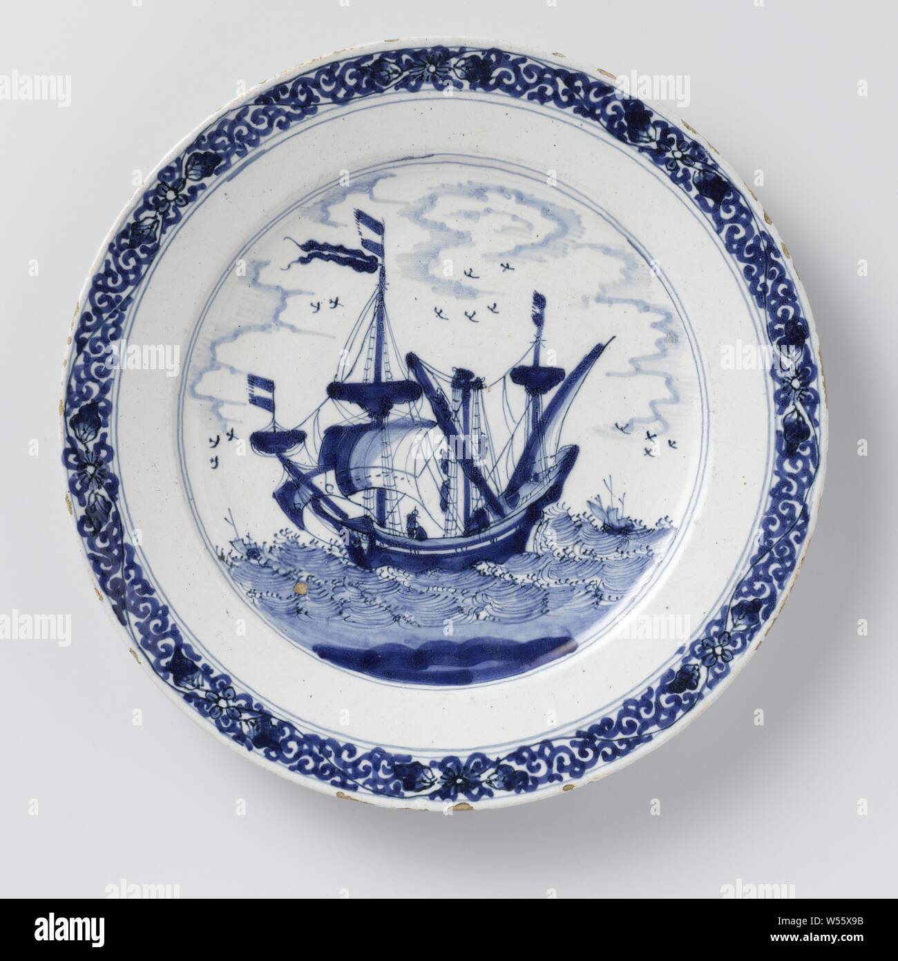 Plate, Round plate of blue painted faience, with four sailing ships on ...