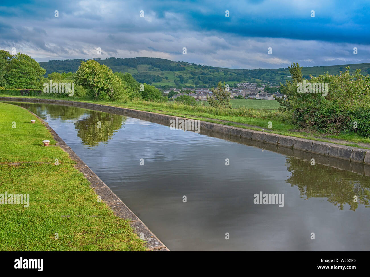 Landscape view of English rural countryside scenery on British waterway ...