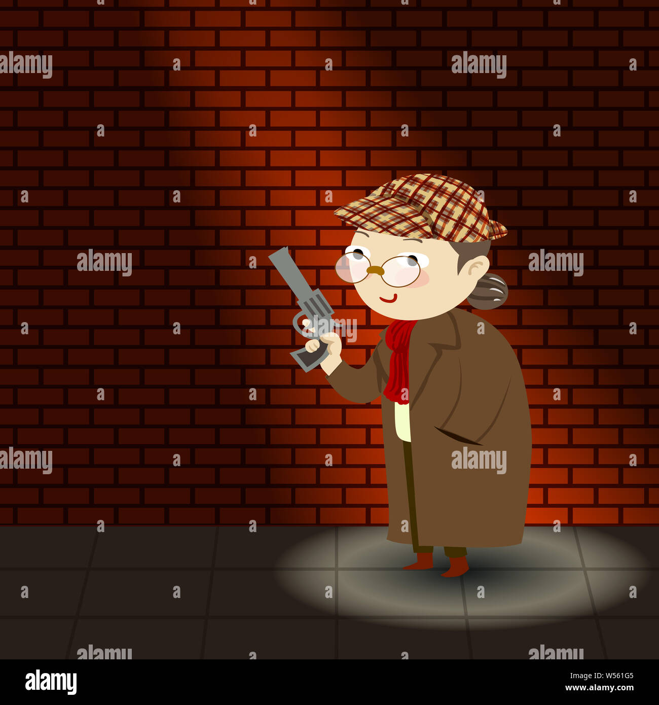 Old lady dressing in detective costume holding pistol standing in the ...