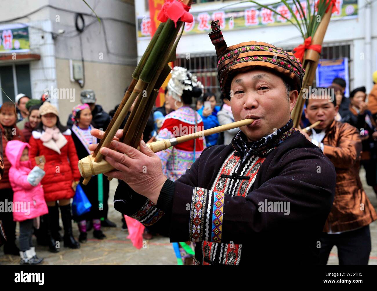 Chinese people of Miao ethnic group dressed in traditional costumes ...