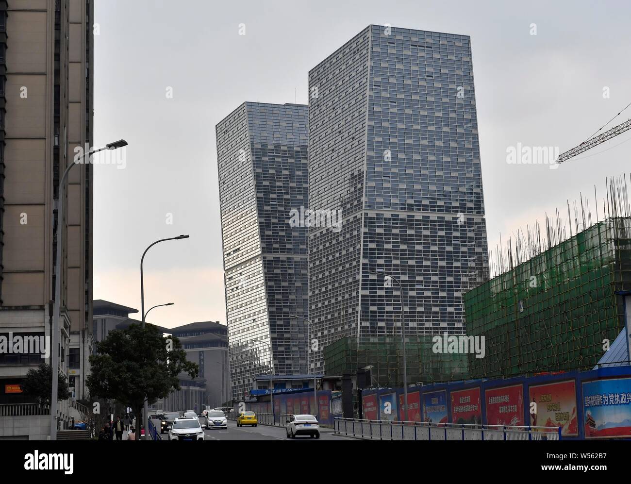 View of the two 101-meter-high tilted buildings leaning at an angle of ...